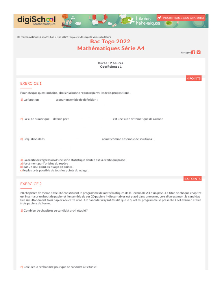 Bac Togo 2022 Série A4 | PDF