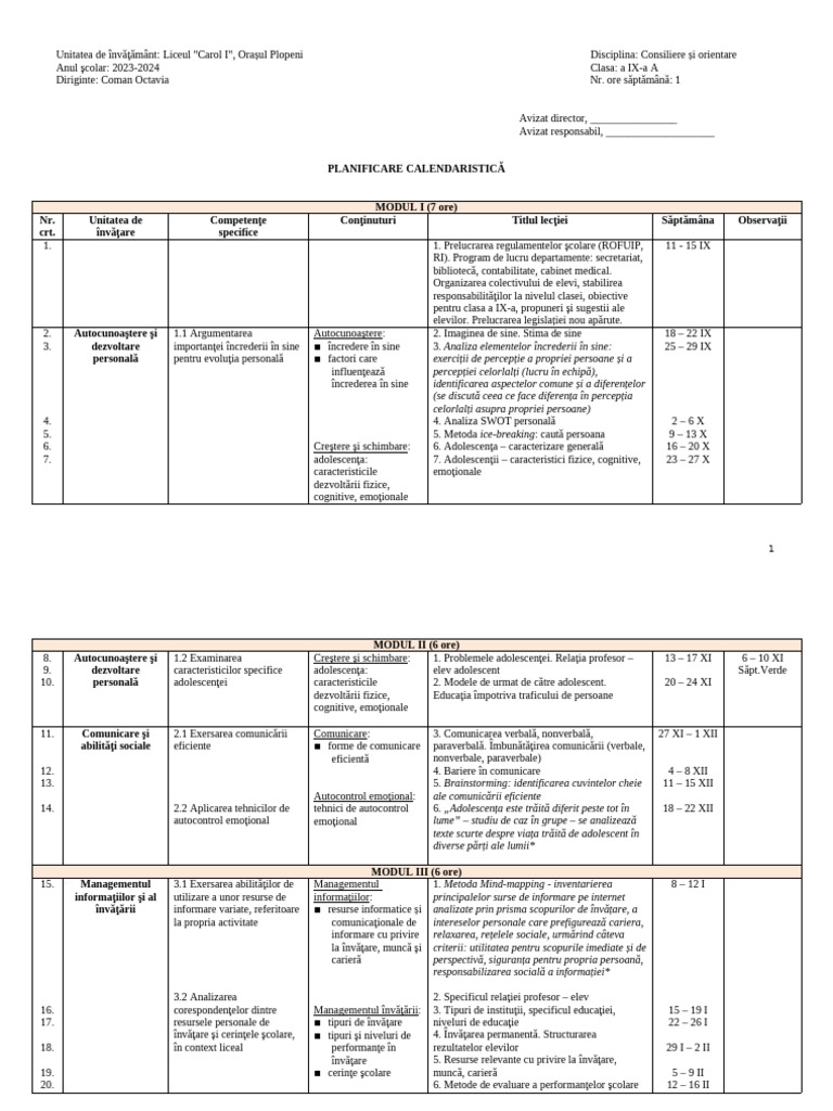 Planificare Dirigentie 9A | PDF