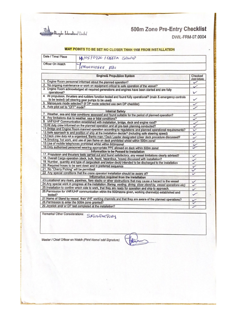 500m Zone Pre-Entry Checklist | PDF