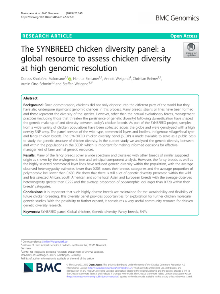 The SYNBREED Chicken Diversity Panel - A Global Resource To Assess Chicken Diversity at High ...