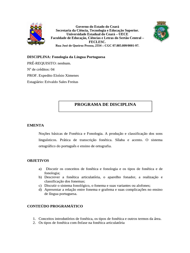Programa Da Disciplina Fonologia Do Português 2022.1 | PDF