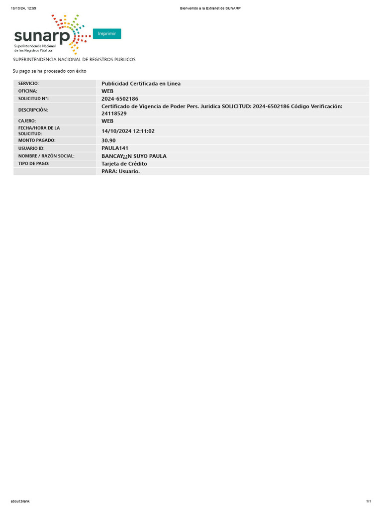 Pago Vigencia de Poder SUNARP OCT | PDF