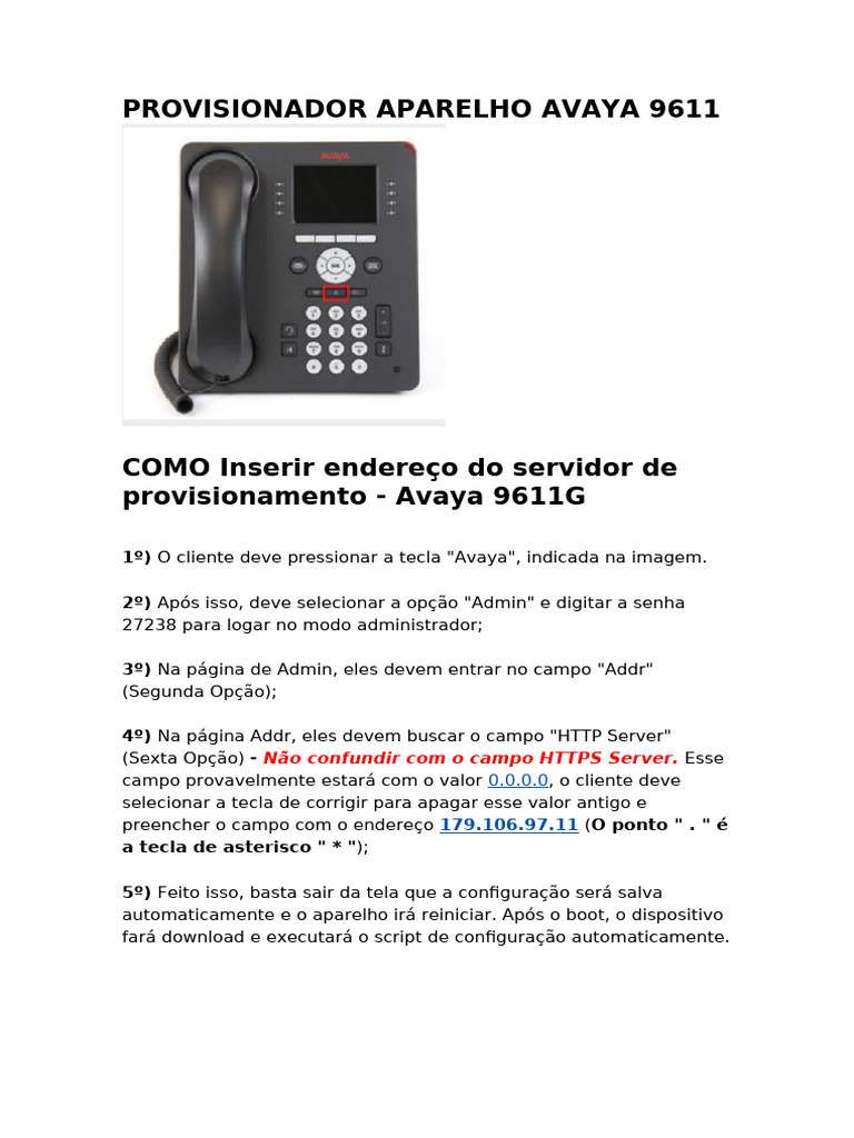 Procedimento CG Avaya 9611 para PROVISIONADOR V1 | PDF