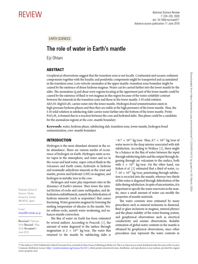 The Role of Water in Earth's Mantle | PDF