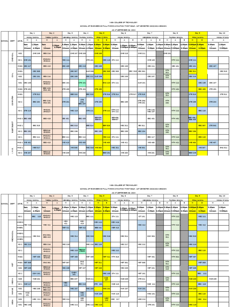 Exam TimeTable FT First Semester 2023-2024 | PDF