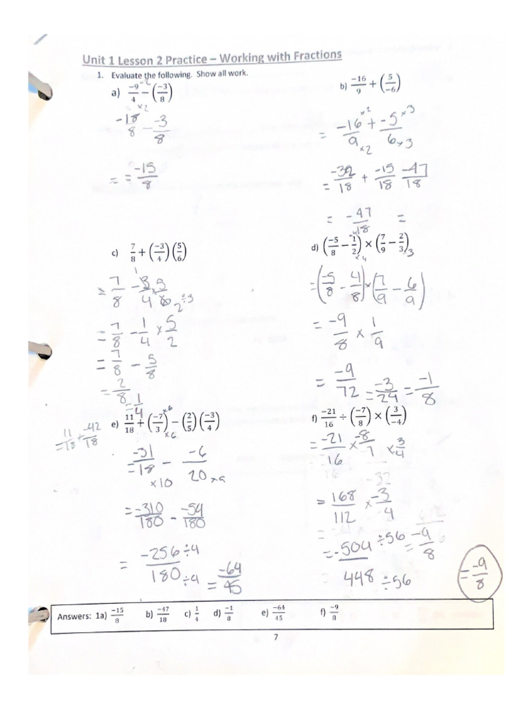 Unit 1 Lesson 2 Practice - Working With Fractions | PDF