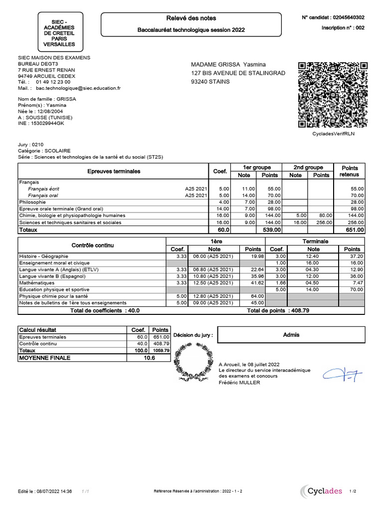 Releve de Note Bac | PDF