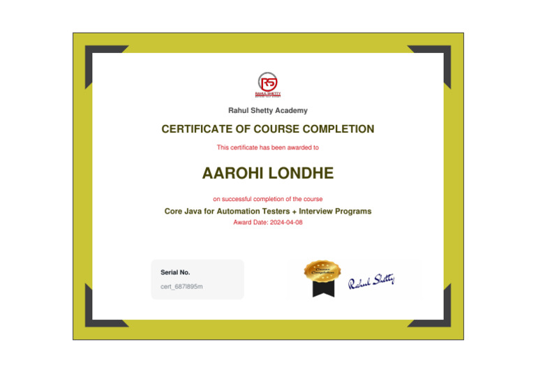 Certificate of Completion For Core Java For Automation Testers ... Certificate of Completion For Core Java For Automation Testers ...