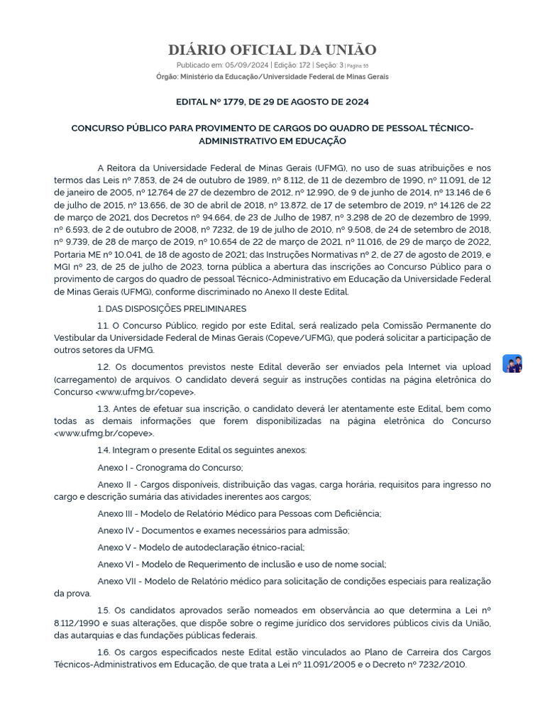 Edital Ufmg 1779 2024 | PDF