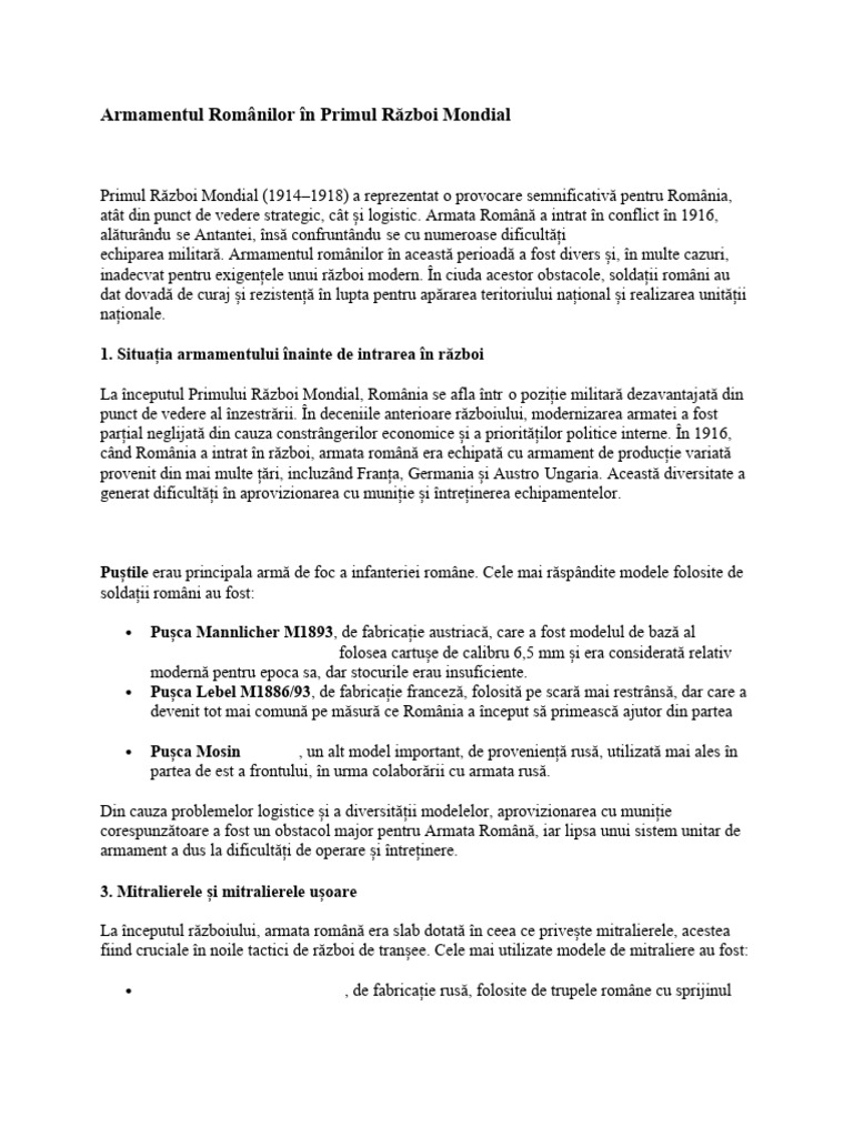 Armamentul Românilor În Primul Război Mondial | PDF