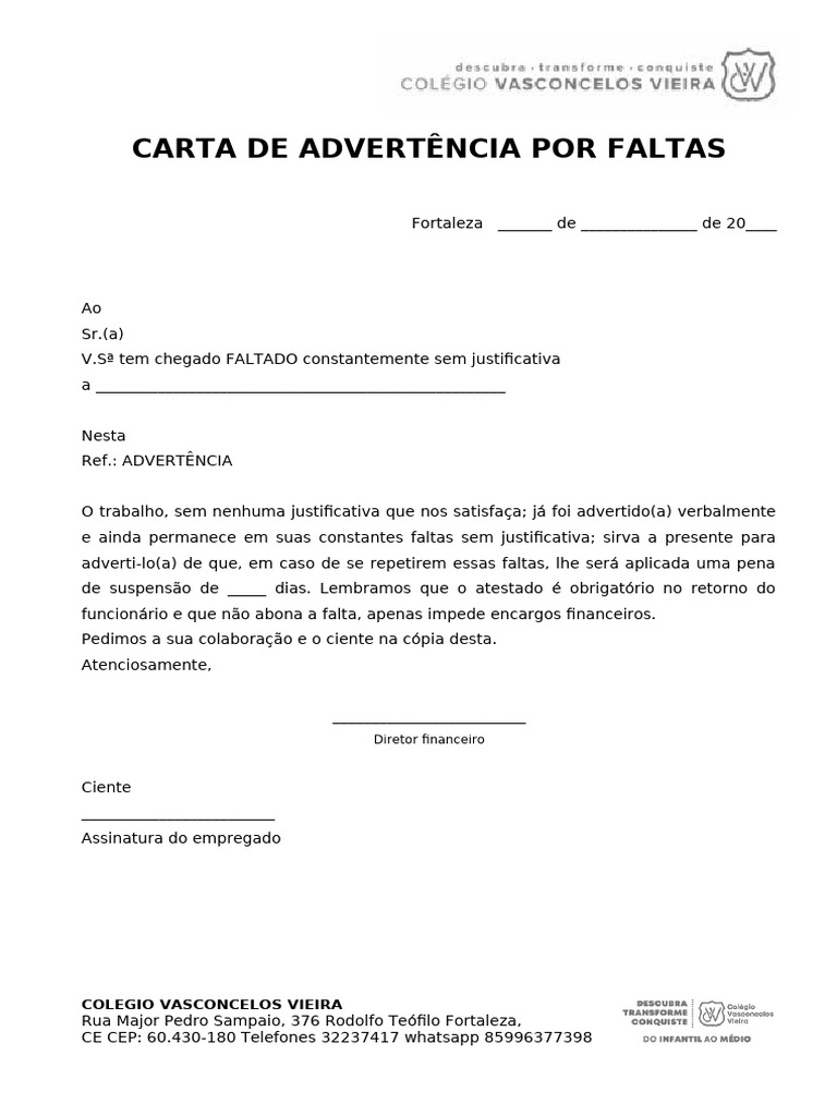 CARTA DE ADVERTÊNCIA POR FALTAS | PDF