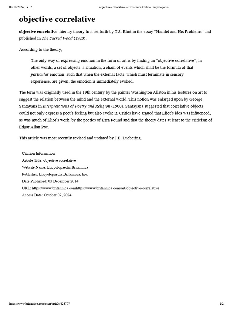 Objective Correlative - Britannica Online Encyclopedia | PDF