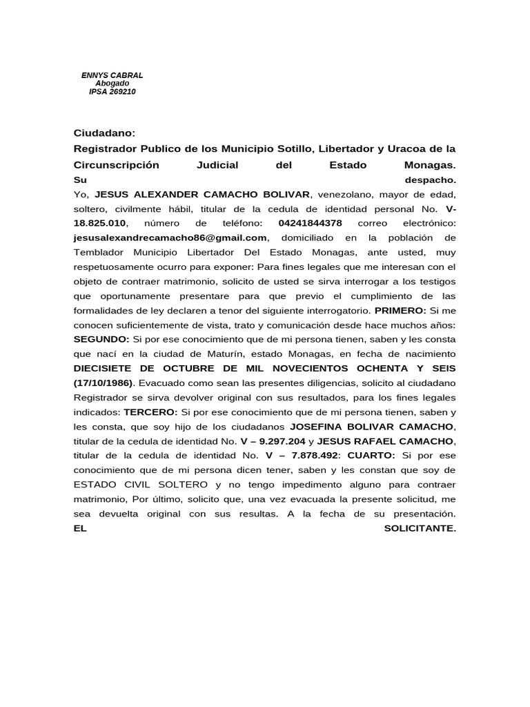 Carta de solteria (SAREN) | PDF