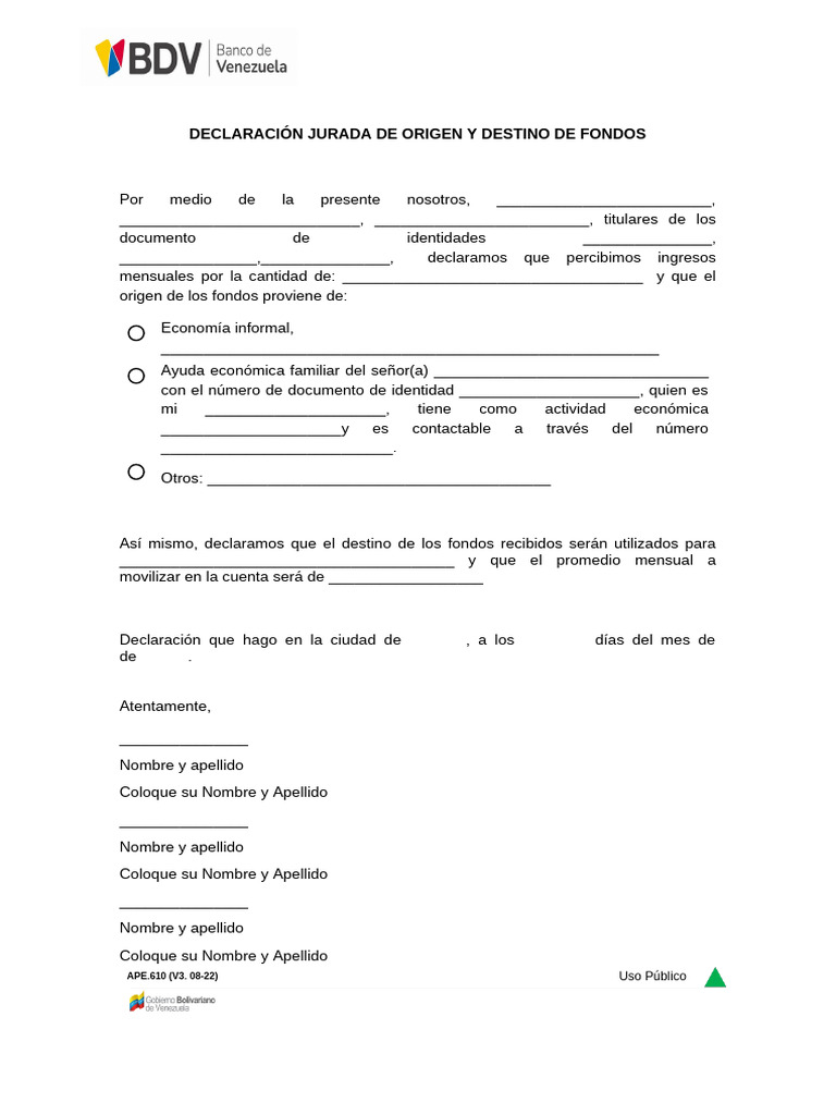Modelo De Declaracion Jurada De Origen De Fondos