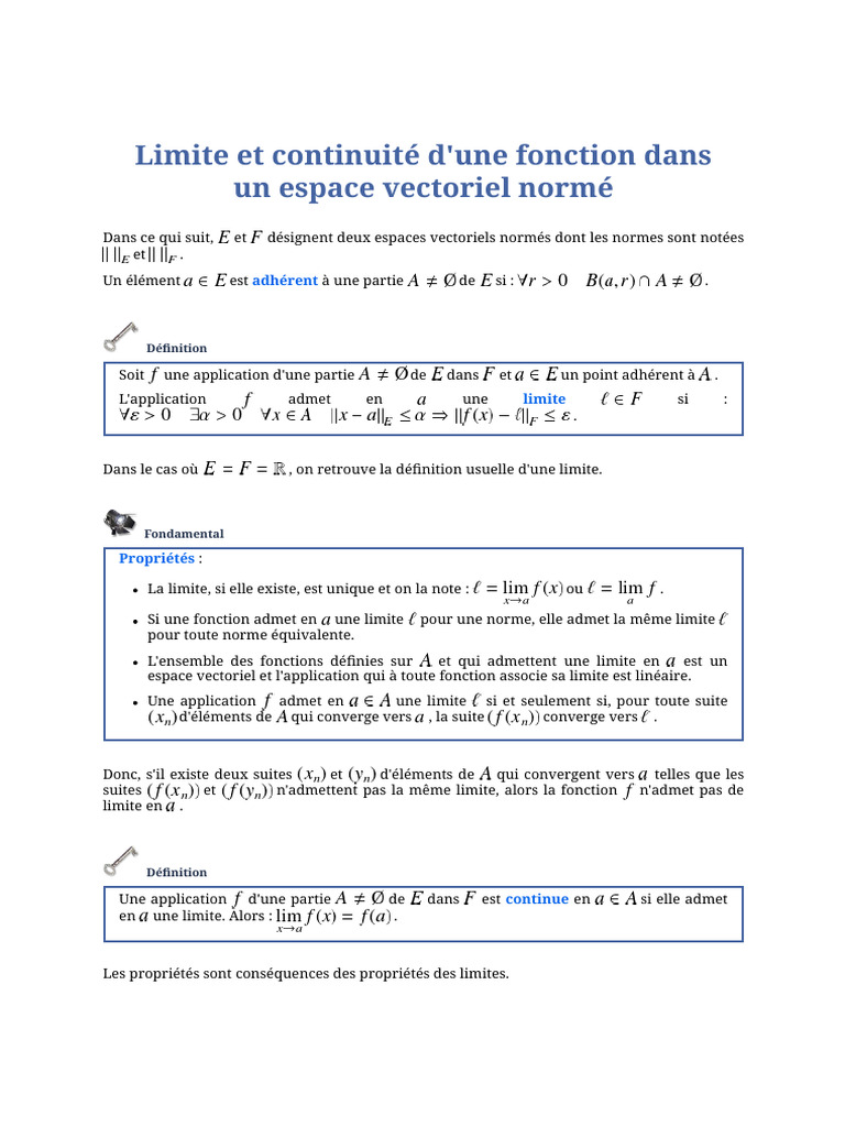 Limites Et Continuités de Fonction (Espace Vect) | PDF