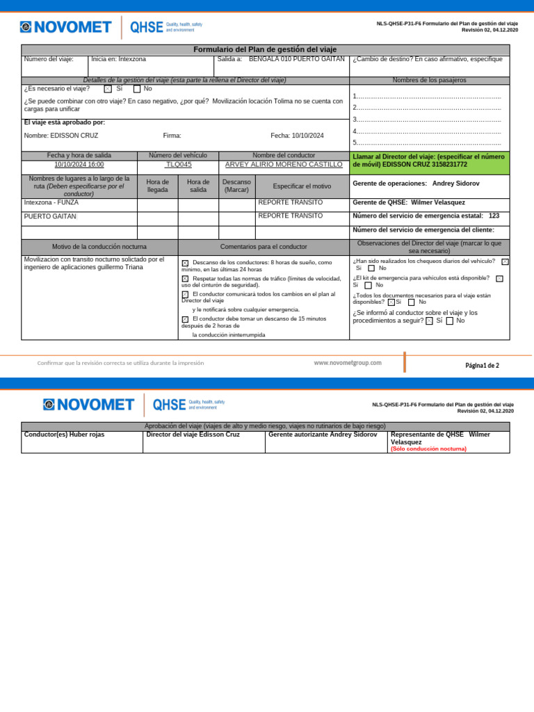 NLS-QHSE-P31-F6 Journey Management Plan Form Rev2 (Es) | PDF