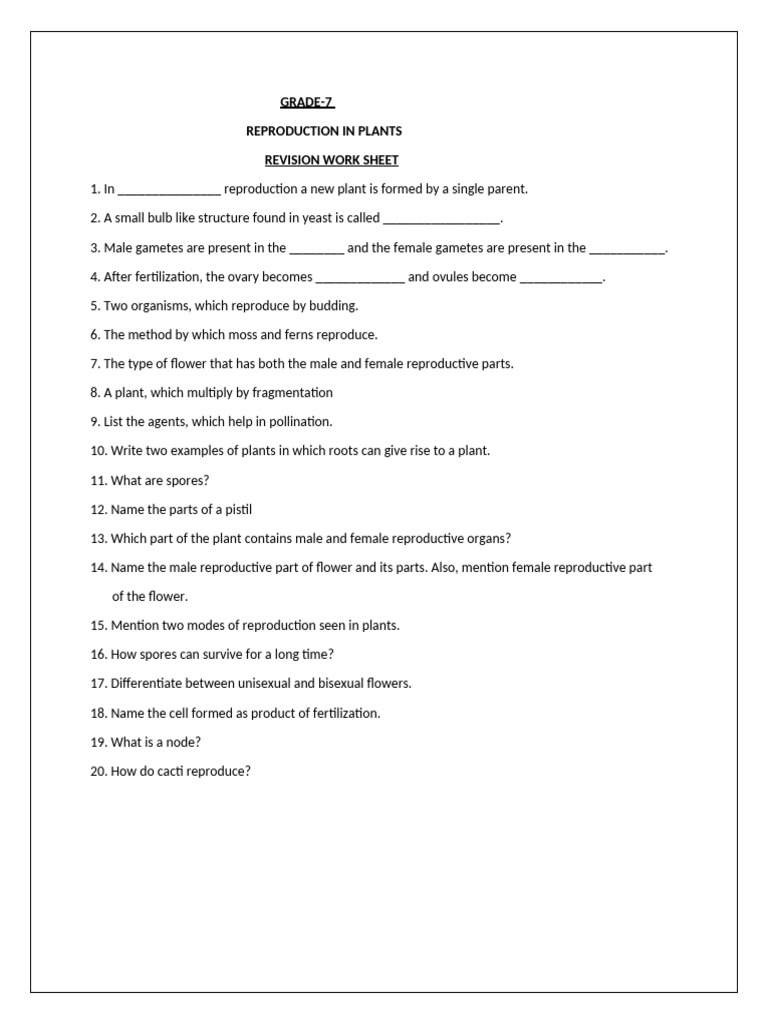 Reproduction in Plants-Worksheet | PDF