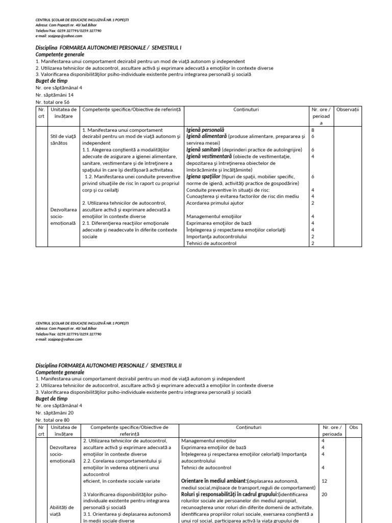 Disciplina Formarea Autonomiei Personale / Semestrul I Competențe ...