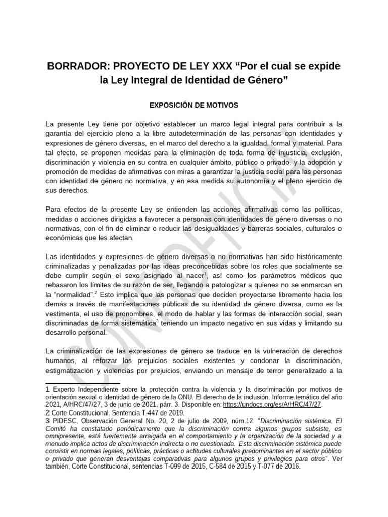 Borrador - PROYECTO DE LEY XXX "Por El Cual Se Expide La Ley Integral de Identidad de Género ...