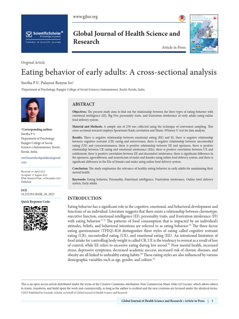 Eating Behavior of Early Adults - A Cross-Sectional Analysis | PDF
