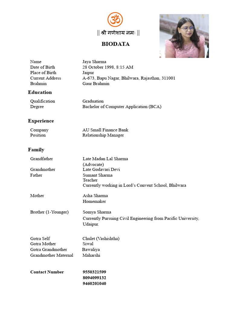 Biodata Jaya Sharma | PDF