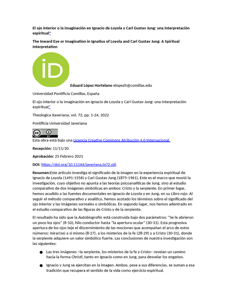 LOPEZ HORTELANO, E. - El Ojo Interior o La Imaginación en Ignacio de Loyola y Carl Gustav Jung | PDF