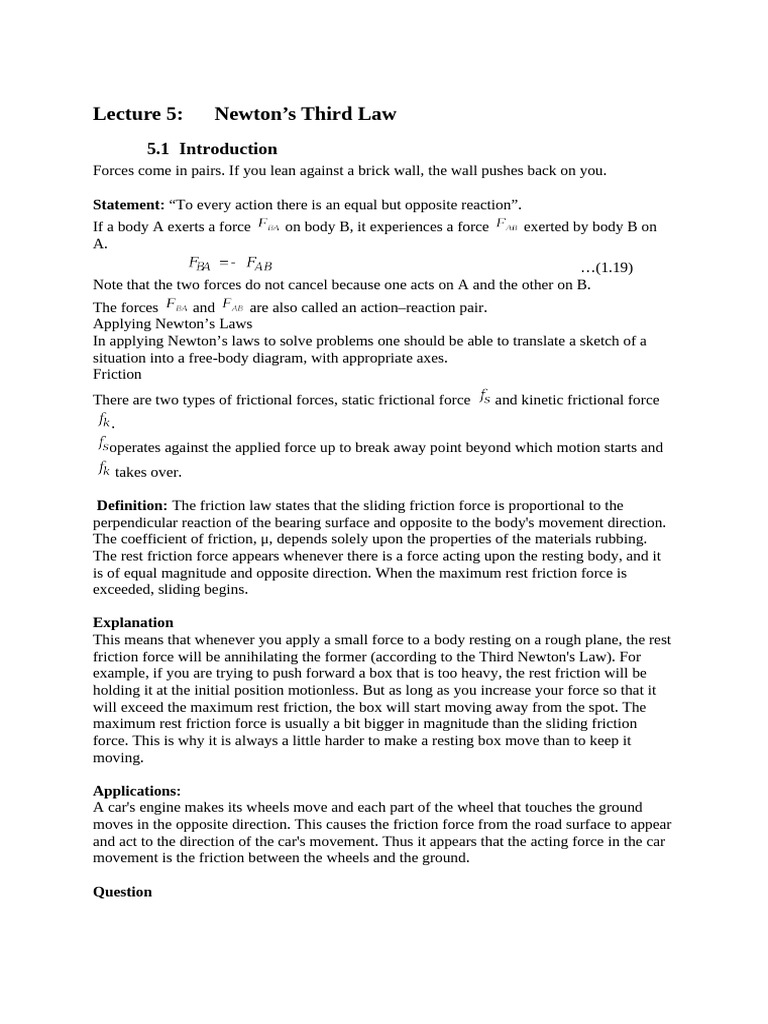 Lecture 5 Newton’s Third Law | PDF