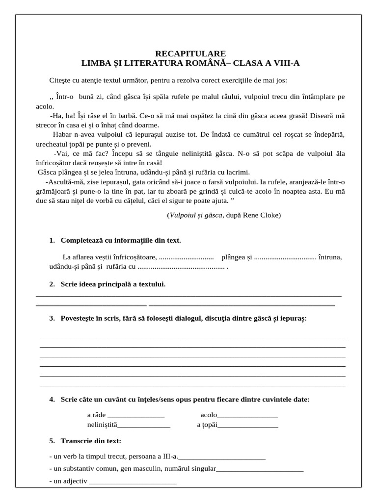 Recapitulare Limba Si Literatura Romana Clasa A 8 A | PDF