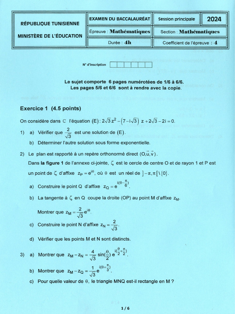 Bac Mathematiques Tunisie 2024 Sujet | PDF