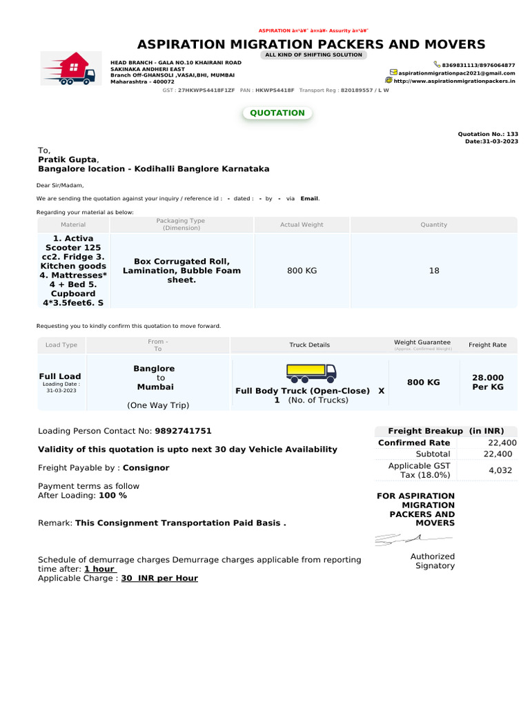 Quotation 133 | PDF | Transport | Freight Transport