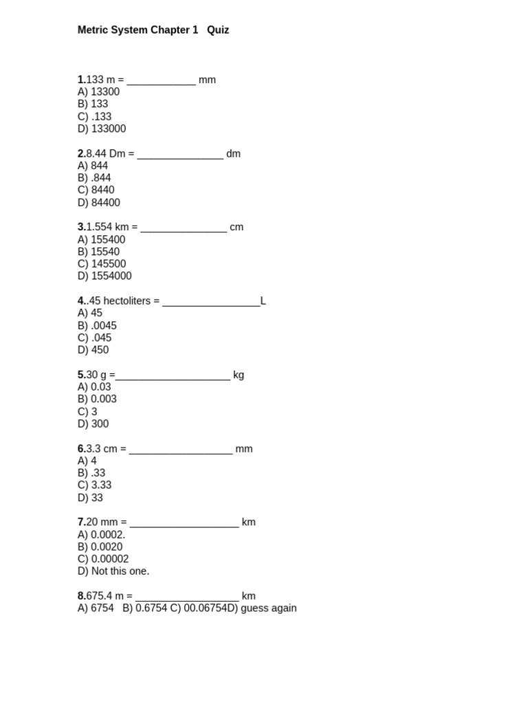Metric System Chapter 1 Quiz | PDF