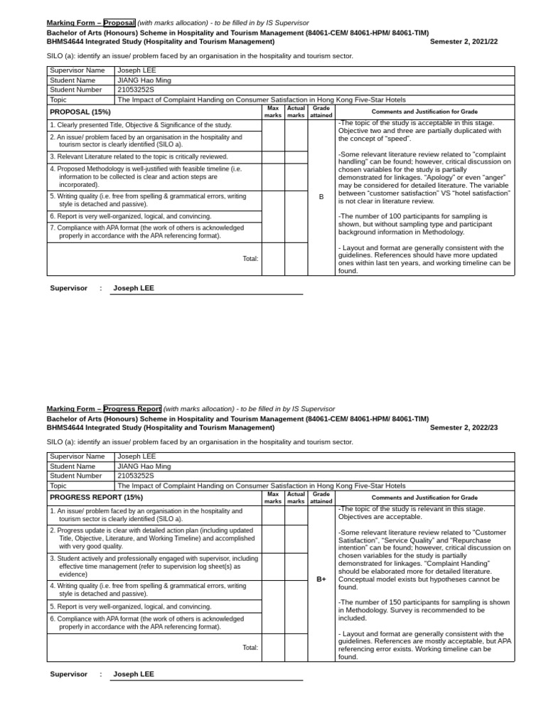 Marking Forms_BHMS4644_Progress Report (JIANG Hao Ming) | PDF