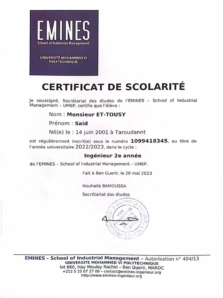 Certificat de Scolarité | PDF