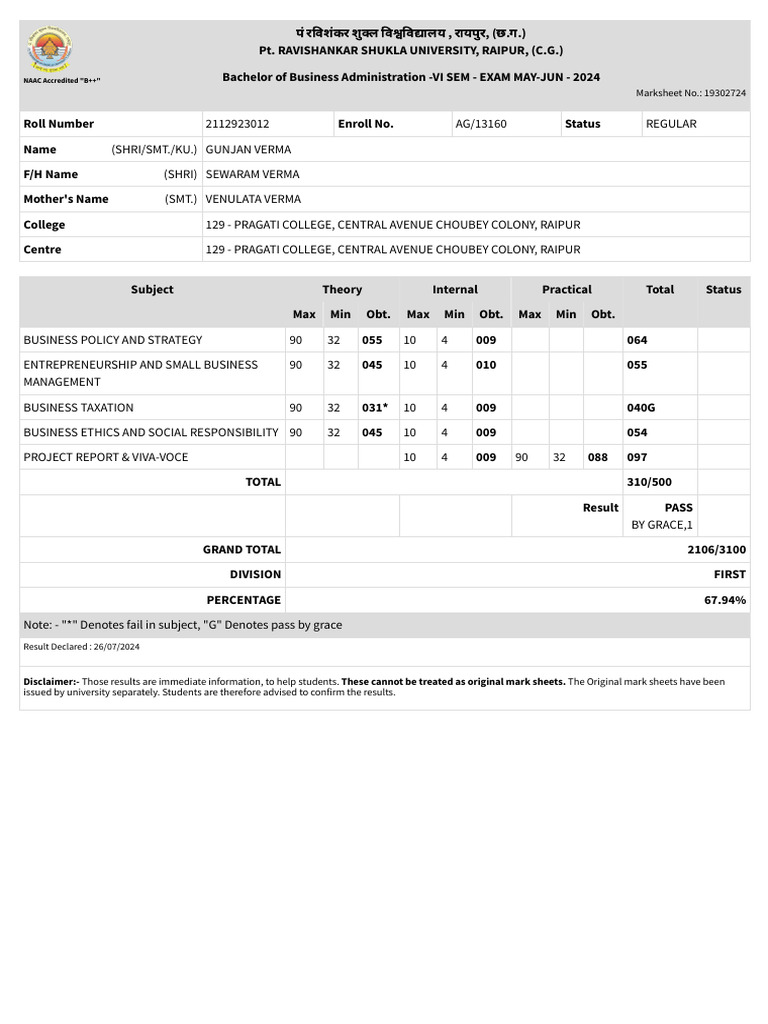 Pt. RAVISHANKAR SHUKLA UNIVERSITY Student Result Page | PDF