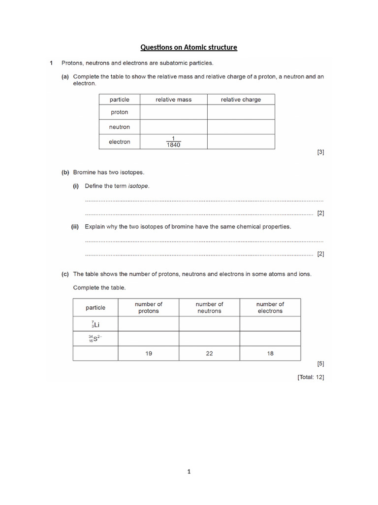 Questions on Atomic structure | PDF