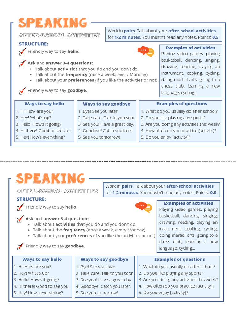 Speaking. After-School Activities 2 ESO | PDF