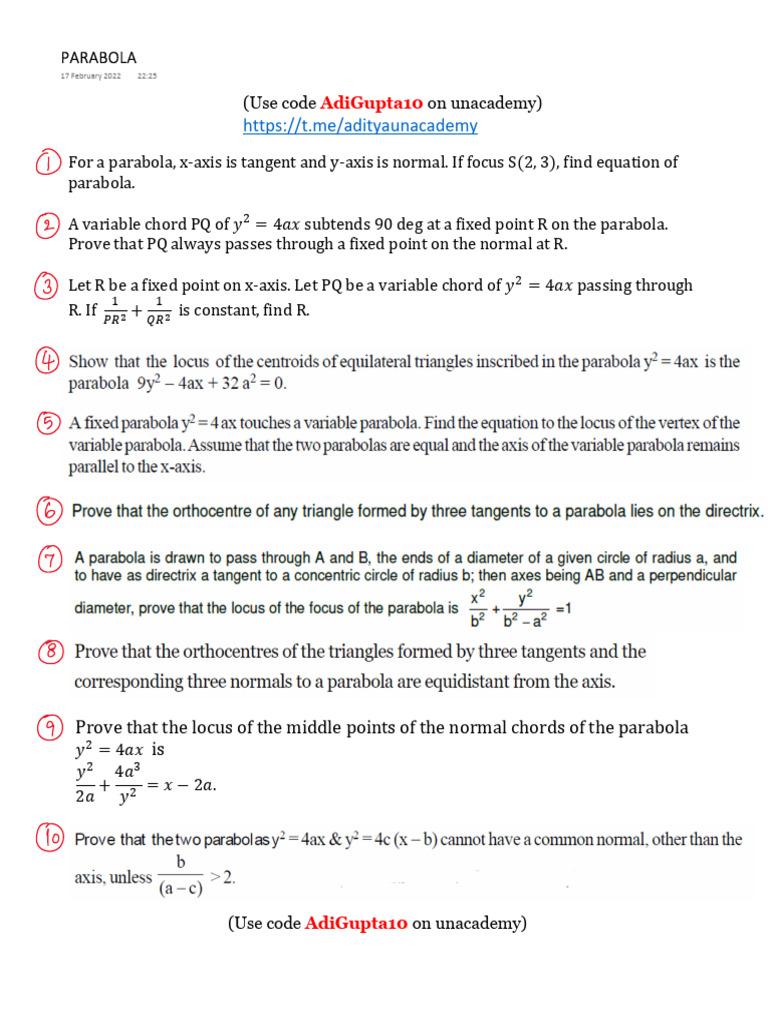 Parabola Advance Problems | PDF