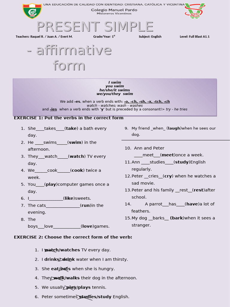 Ficha Present Simple Affirmative | PDF