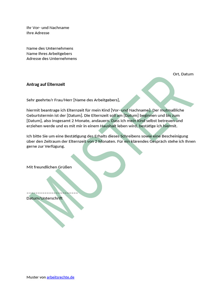 Antrag Elternzeit Vater Muster 2 Monate | PDF