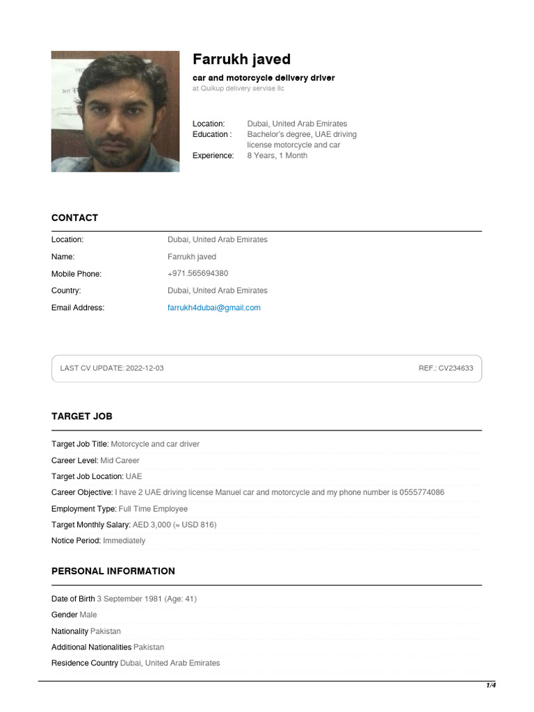 Farrukh Javed - Motorcycle and Car Driver | PDF