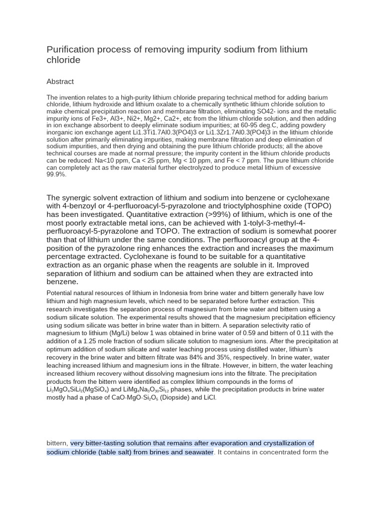 Purification process of removing impurity sodium from lithium chloride ...