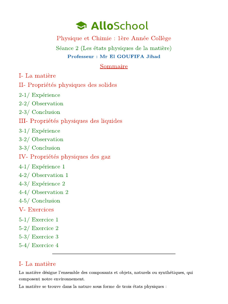 Seance 2 Les Etats Physiques de La Matiere 1 | PDF