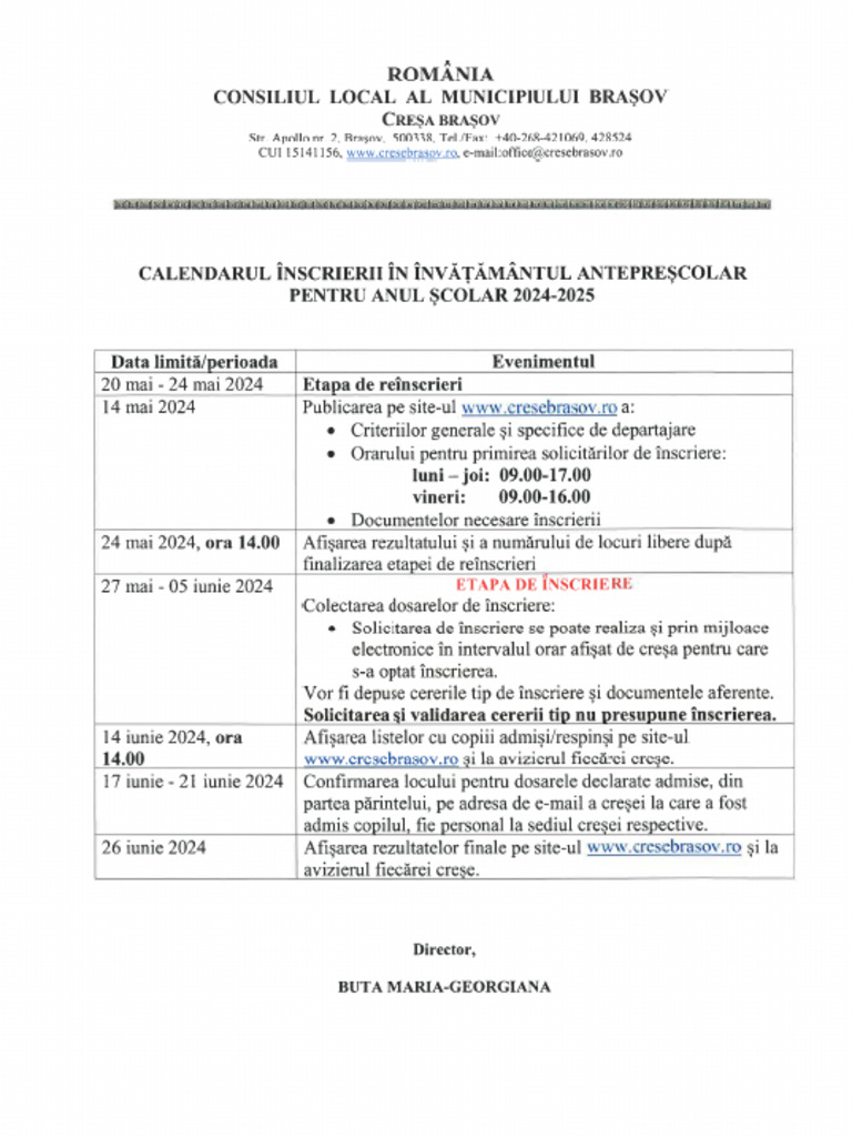 Calendarul Inscrierii Copiilor Anteprescolari An Scolar 2024-2025 | PDF