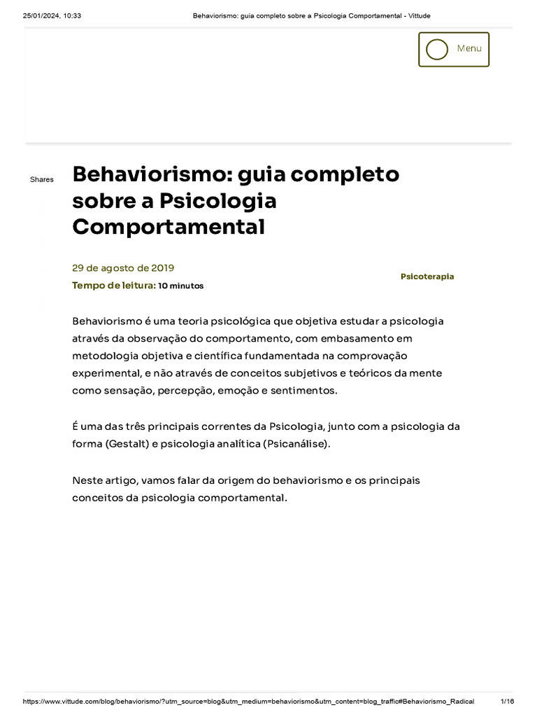 Behaviorismo - Guia Completo Sobre A Psicologia Comportamental - Vittude | PDF