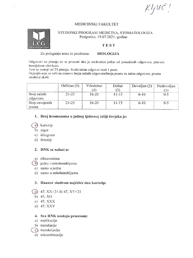 Kljuc Biologija 19.07.21 | PDF