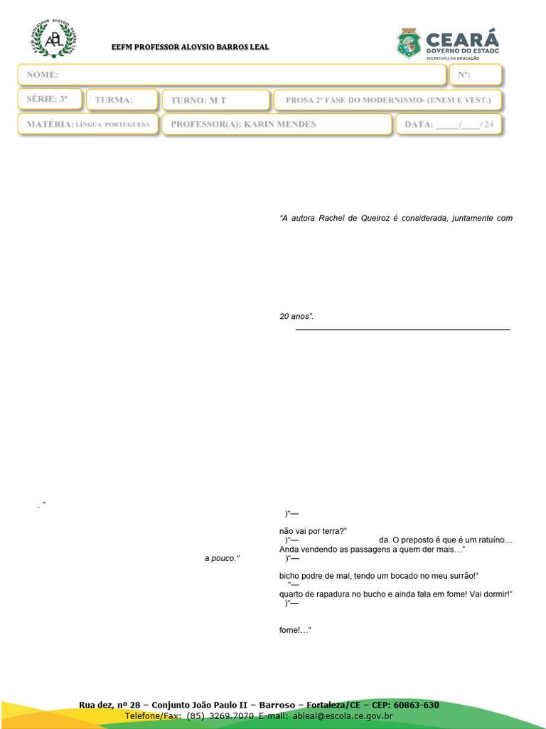 TD Lit-Prosa 2 Fase Modernismo - 3 Série | PDF