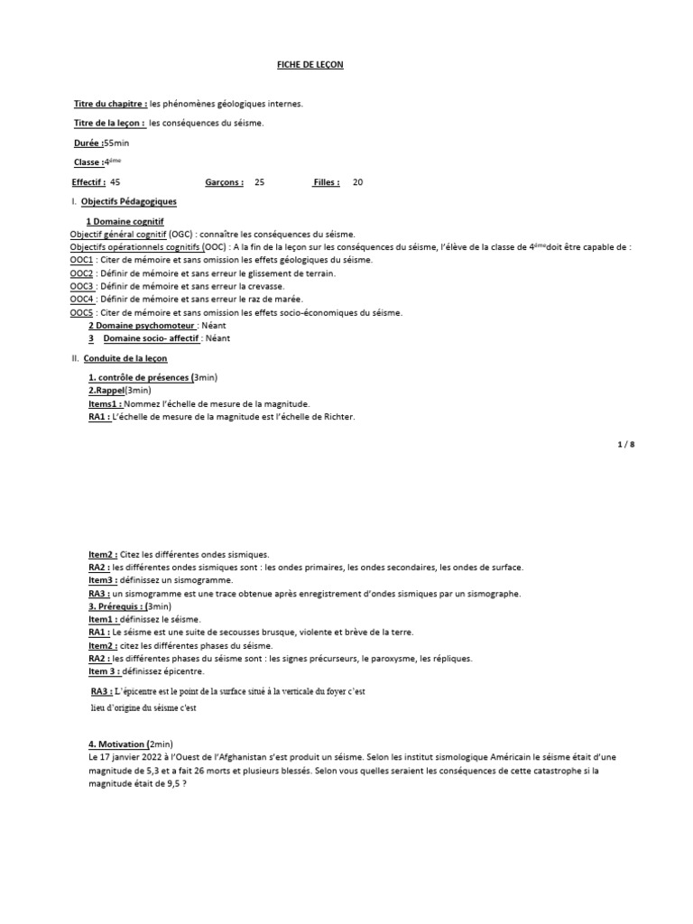 FICHE DE LEÇON (Séismes +2) | PDF