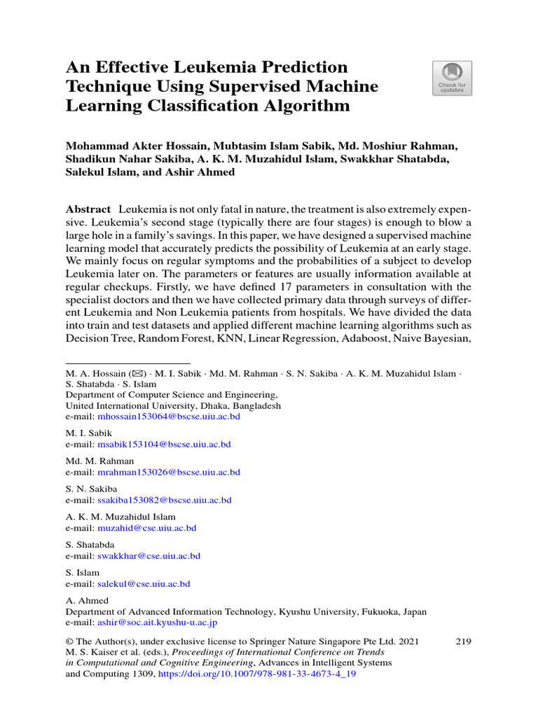 An Effective Leukemia Prediction Technique Using Supervised Machine Learning Classification ...