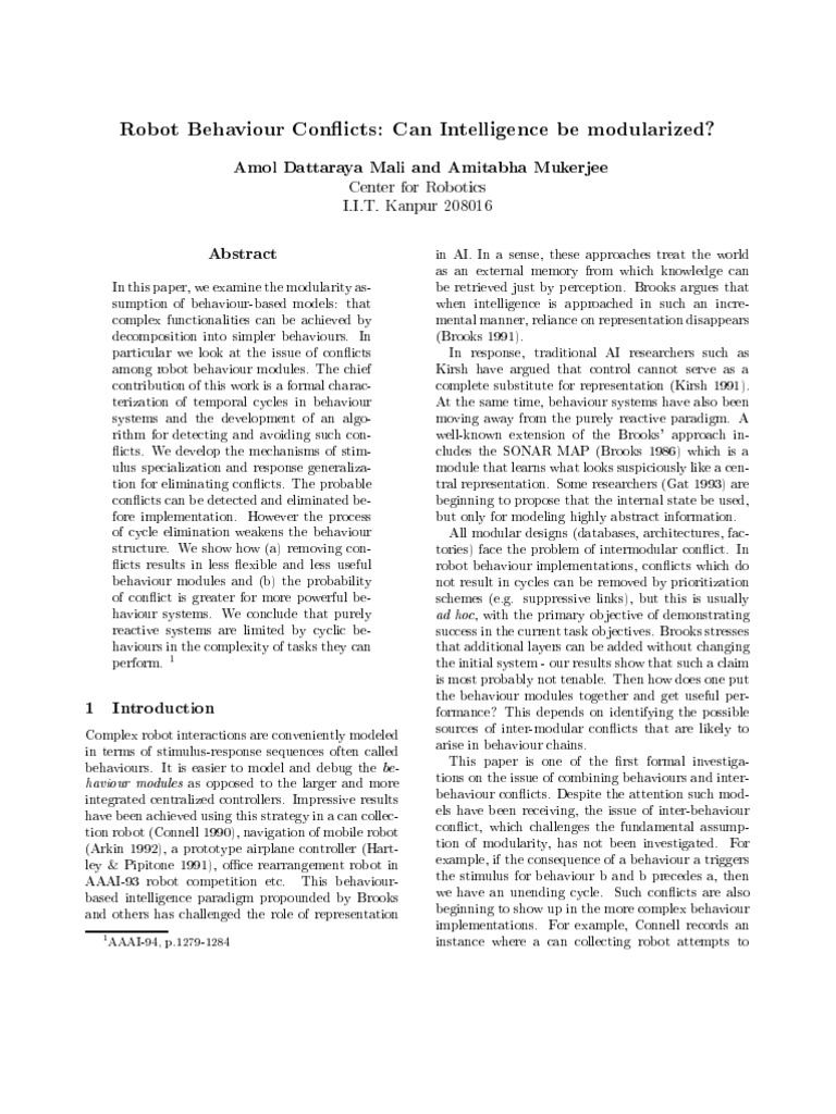 Robot Behaviour Conicts: Can Intelligence Be Modularized?: Amol ...