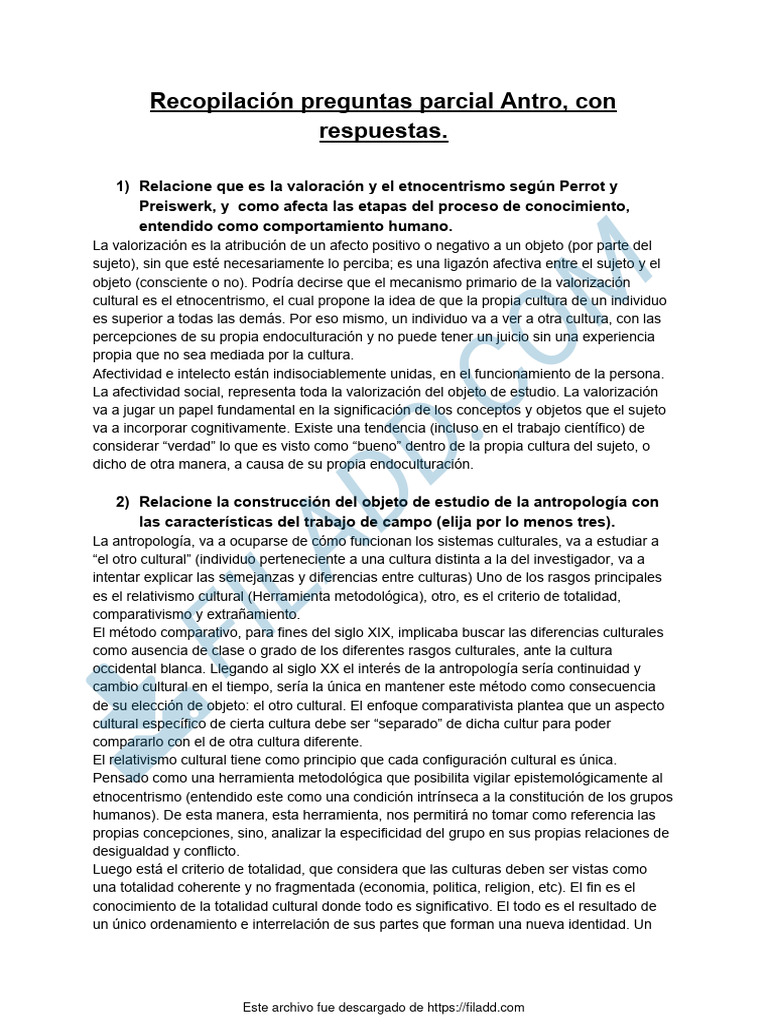 Preguntas Parcial Antro Con Respuestas | PDF | Antropología | Sociedad